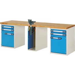 eurokraft pro Werkbank, Baukastensystem Serie 7000, 4 Schubladen, 2 Türen, 1 Schraubstock mittig, BxT 2500 x 700 mm