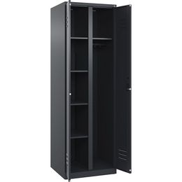 C+P Putzmittelspind Classic PLUS, 1 Abteil, Trennwand mittig, grau, B 600 mm, mit Bodengleitern, Zylinderschloss