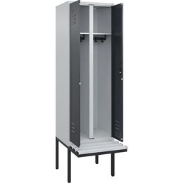 C+P Schwarz-Weiß-Spind Classic PLUS Sitzbank, 1 Abteil, lichtgrau / grau, B 600 mm, Zylinderschloss, auskragend, Kunststoff