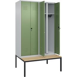C+P Schwarz-Weiß-Spind Classic PLUS Sitzbank, 2 Abteile, lichtgrau / resedagrün, B 1200 mm, Sicherheits-Drehriegel, untergebaut, Buche-Hartholz