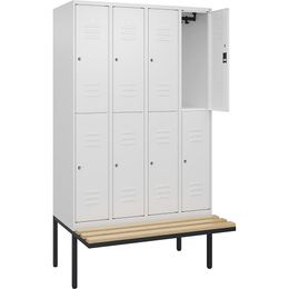 C+P Doppelstock-Spind Classic PLUS Sitzbank, 4 Abteile, verkehrsweiß, B 1200 mm, Zylinderschloss, auskragend, Buche-Hartholz