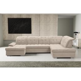 WERK2 Wohnlandschaft »Kordula-New Multifunktion Couch, Breite 332cm, U-Form« Sofa in U-Form mit Schlaffunktion & Bettkasten, Schlafcouch Creme