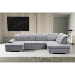 WERK2 Wohnlandschaft »Kordula-New Multifunktion Couch, Breite 332cm, U-Form« Sofa in U-Form mit Schlaffunktion & Bettkasten, Schlafcouch Hellgrau