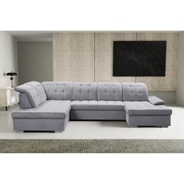 WERK2 Wohnlandschaft »Kordula-New Multifunktion Couch, Breite 332cm, U-Form« Sofa in U-Form mit Schlaffunktion & Bettkasten, Schlafcouch Hellgrau