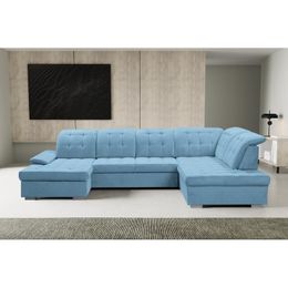 WERK2 Wohnlandschaft »Kordula-New Multifunktion Couch, Breite 332cm, U-Form« Sofa in U-Form mit Schlaffunktion & Bettkasten, Schlafcouch Hellblau