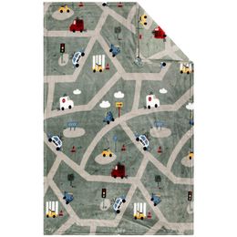 s.Oliver Kinderdecke &raquo;Flanellfleecedecke Junior Stra&szlig;en&laquo; Stra&szlig;enverkehr und Polizeiautos gr&uuml;n Obermaterial: 100% Polyester B/L: 100 cm x 150 cm