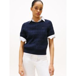 Tommy Hilfiger Damen Kurzarmpullover &raquo;CO CABLE MID GG S/S C-NK SWT&laquo; mit Zopfmuster blau S (36)