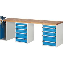 eurokraft pro Werkbank, Baukastensystem Serie 7000, 8 Schubladen, 1 Schraubstock linksseitig, BxT 2500 x 700 mm