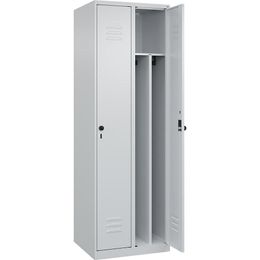 C+P Schwarz-Weiß-Spind Classic PLUS, schmal, 2 Abteile, Trennwand verkürzt, lichtgrau, B 600 mm, mit Bodengleitern, Drehriegel, Trennwand mittig