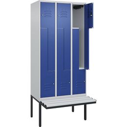 C+P Z-Spind Classic PLUS Sitzbank, 3 Abteile, lichtgrau / enzianblau, B 900 mm, Zylinderschloss, auskragend, Kunststoff