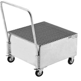 eurokraft basic Fahrbare Auffangwanne aus Stahlblech, LxB 800 x 800 mm, 1 x 200-l-Fass stehend, feuerverzinkt