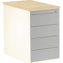Mauser Schubladencontainer, HxT 720 x 800 mm, 4 Schubladen, reinweiß / weißaluminium / Ahorn