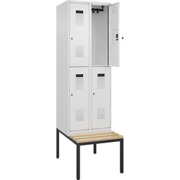 Doppelstock-Spind Evolo PLUS Sitzbank, 2 Abteile, weiß, B 600 mm, Zylinderschloss, mit untergebauter Sitzbank, Buche kaiserkraft