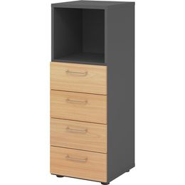 eurokraft pro Regalschrank, 1 Fach offen / 4 Schubladen, graphit / Buche