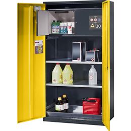 ASECOS Chemikalienschrank, Tür geschlossen, mit Gefahrstoffbox Typ 30, goldgelb