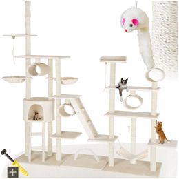 TecTake&reg; Kratzbaum, 234 bis 261 cm, mit Katzenhaus, inklusive 2 Treppen, 2 Spielkordeln, Kratzbogen, Deckenspanner und Kippschutz