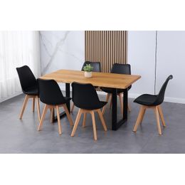Essgruppe Baumkante massiv 180 x 90 cm Holz Wildeiche-Optik U-Gestell schwarz & 6 Stühle schwarz JOSY