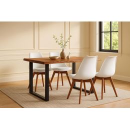 Essgruppe Baumkante massiv 140 x 80 cm Holz-Optik Nussbaum U-Gestell schwarz & 4 Stühle weiß JOSY