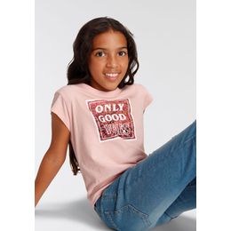 T-Shirt Kidsworld "ONLY GOOD VIBES - Druck", Mädchen, Gr. 140/146, rosa, Single Jersey, Obermaterial: 100% Baumwolle, bedruckt, gerade taillenbedeckt, Rundhals, abgesteppte Kante, Shirts, Kurzarm, gerade Passform, mit peppigen Statements und Sprüchen