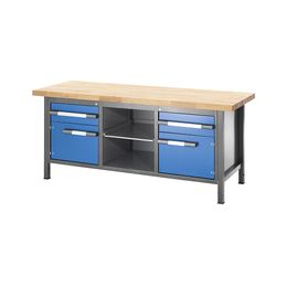 eurokraft pro Höhenverstellbare Werkbank, Gestellbauweise, 2 Schubladen, 2 Türen, 1 Auszugboden, Breite 2000 mm, anthrazit / blau