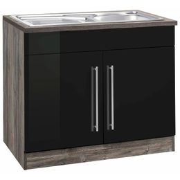 KOCHSTATION Sp&uuml;lenschrank &raquo;KS-Samos&laquo; 100 cm breit, inkl. Einbausp&uuml;le schwarz Hochglanz/Eiche vintage eichefarben vintage
