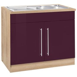 KOCHSTATION Sp&uuml;lenschrank &raquo;KS-Samos&laquo; 100 cm breit, inkl. Einbausp&uuml;le aubergine Hochglanz/Eiche sonoma eichefarben sonoma