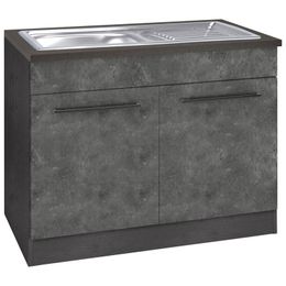 KOCHSTATION Sp&uuml;lenschrank &raquo;KS-Tulsa&laquo; 100 cm breit, 2 T&uuml;ren, Metallgriff, MDF Front, inkl. Einbausp&uuml;le betonfarben dunkel grafit