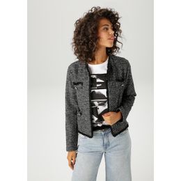 Aniston CASUAL Kurzblazer aus meliertem Bouclé-Jacquard mit Glanzfäden - NEUE KOLLEKTION schwarz-weiß-silberfarben 48 48 Jacke mit dekorativen...