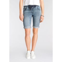 Arizona Damen Jogg-Jeansbermudas hohe Leibh&ouml;he, krempelbare Beinabschl&uuml;sse, Used-Look blau 36, N-Gr
