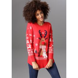 Aniston CASUAL Weihnachtspullover mit Bommel-Nase und Fransenschal rot-weiß-marine-hellbraun-braun 42 42 Damenpullover im Ugly Christmas -Style