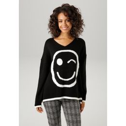 Aniston CASUAL Strickpullover mit eingestricktem Smiley schwarz-wollweiß 36/38 36/38 Pullover mit leicht abgerundetem V-Ausschnitt
