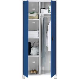 eurokraft pro Mehrzweck-/Garderobenspind Bremen, Trennwand mittig, Kleiderstange, lichtgrau / brillantblau, Breite 800 mm
