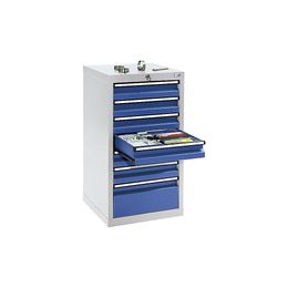 Schubladenschrank, HxBxT 900 x 500 x 500 mm, 6 Schubladen 100 mm, 1 Schublade 200 mm hoch, Korpus lichtgrau, Schubladen enzianblau kaiserkraft