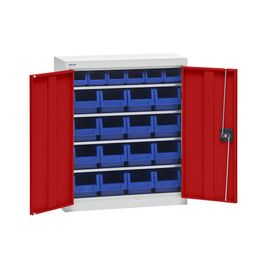 eurokraft pro Materialschrank mit Lagerkästen, Höhe 780 mm, 4 Fachböden, lichtgrau / verkehrsrot