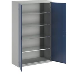 eurokraft pro Flügeltürenschrank, 4 Fachböden, Breite 1200 mm, lichtgrau / enzianblau