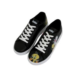 Sneaker DOGO "Ace Low-Top Sneaker Best Of Tweety And Sylvester Black Damen", Damen, Gr. 38, Normalschaft, schwarz, Lederimitat, Schuhe Sneaker, Handgefertigt