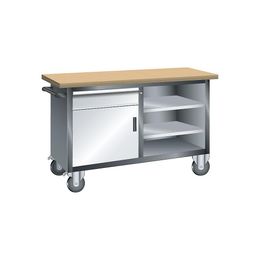 LISTA Kompaktwerkbank, fahrbar, 1 Schublade, 1 Tür, 3 Fachböden, Korpus grau metallic, Front lichtgrau