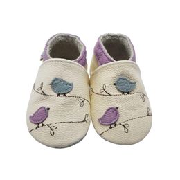 Yalion Baby-Lederlaufschuhe mit rutschfester Sohle &ndash; Cremefarben mit Vogelmotiv | Gr.: 17/18