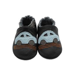 Yalion Baby-Lederlaufschuhe mit rutschfester Sohle – schwarz mit Auto-Motiv | Gr.: 23/24