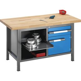 eurokraft pro Höhenverstellbare Werkbank, Gestellbauweise, 1 Schublade, 1 Tür, 1 Auszugboden, Breite 1500 mm, anthrazit / blau