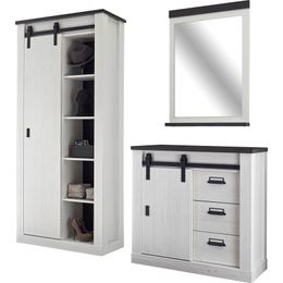 Garderoben-Set Home Affaire "SHERWOOD", weiß (pinie weiß dekor), B:206cm H:201cm T:43cm, Kastenmöbel-Sets, mit Scheunentorbeschlag, Apothekergriffe aus Metall