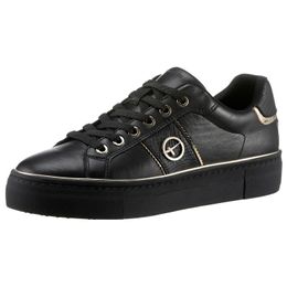 Plateausneaker Tamaris, Damen, Gr. 36, schwarz, Leder, Lederimitat, kontrastfarbene Details, unifarben, Schuhe, Freizeitschuh, Halbschuh, Schnürschuh mit gepolstertem Schaftrand