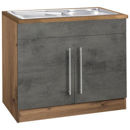 KOCHSTATION Sp&uuml;lenschrank &raquo;KS-Samos&laquo; 100 cm breit, inkl. Einbausp&uuml;le beton Oxid/wotaneichefarben wotaneichefarben