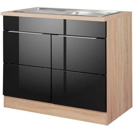 KOCHSTATION Spülenschrank »KS-Brindisi« 100 cm breit, inklusive Einbauspüle schwarz Hochglanz/eichefarben