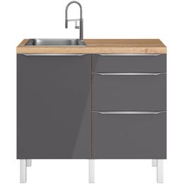 Optifit Pantryk&uuml;che &raquo;Lilly2&laquo; Breite 100 cm K&uuml;che: grau + Front: anthrazit lackiert + Korpus: wildeichefarben + Arbeitsplatte: wildeichefarben