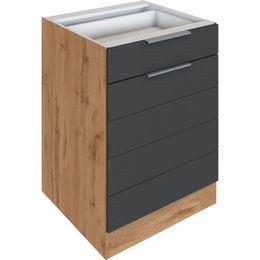 KOCHSTATION Unterschrank »KS-Luhe« 60 cm breit, hochwertige MDF-Fronten mit waagerechter Lisene grau Matt/wotaneichefarben
