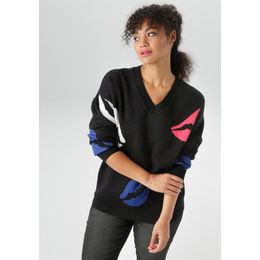 Aniston Plus Damen Aniston PLUS Strickpullover mit eingestrickten farbigen Kussm&uuml;ndern - NEUE KOLLEKTION schwarz-wei&szlig; 50