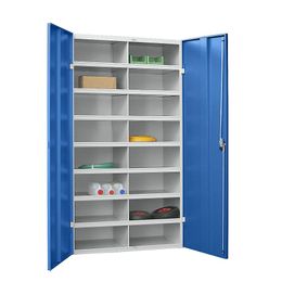 Pavoy Fächerregalschrank, 16 Fächer, mit Türen, grau / blau