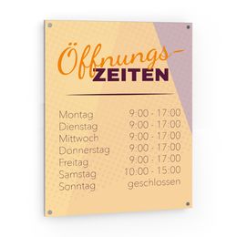 &Ouml;ffnungszeiten Schild personalisierbar | "Orange-Violett Retro" | Format 3:4 | diverse Materialien | &Ouml;ffnungszeiten Vorlage online bestellen