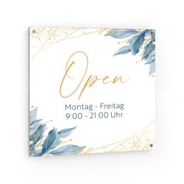 &Ouml;ffnungszeiten Schild personalisierbar | "Open" Floral Gold-Petrol | Format 1:1 | diverse Materialien | &Ouml;ffnungszeiten Vorlage online bestellen